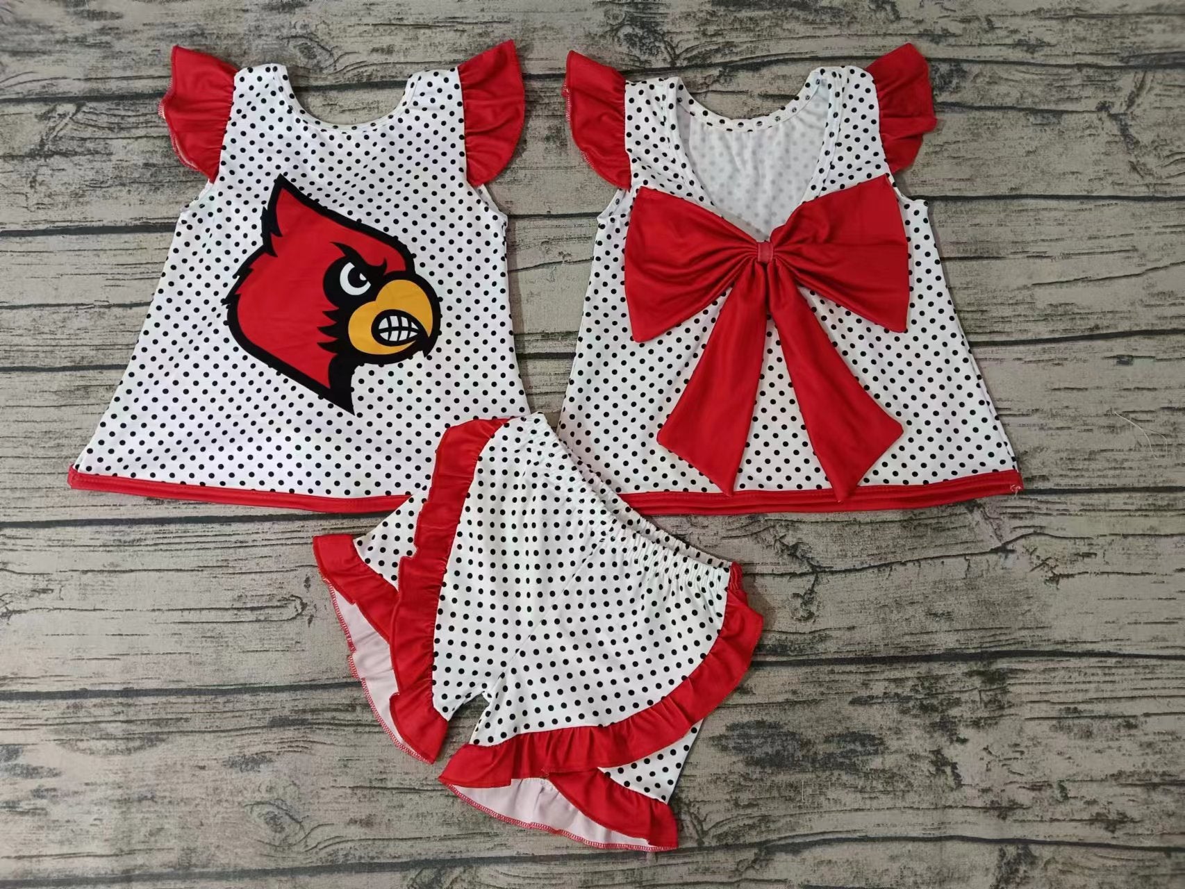 MOQ 3 pcs bird polka dots red bow backless girls team outfits – Western ...