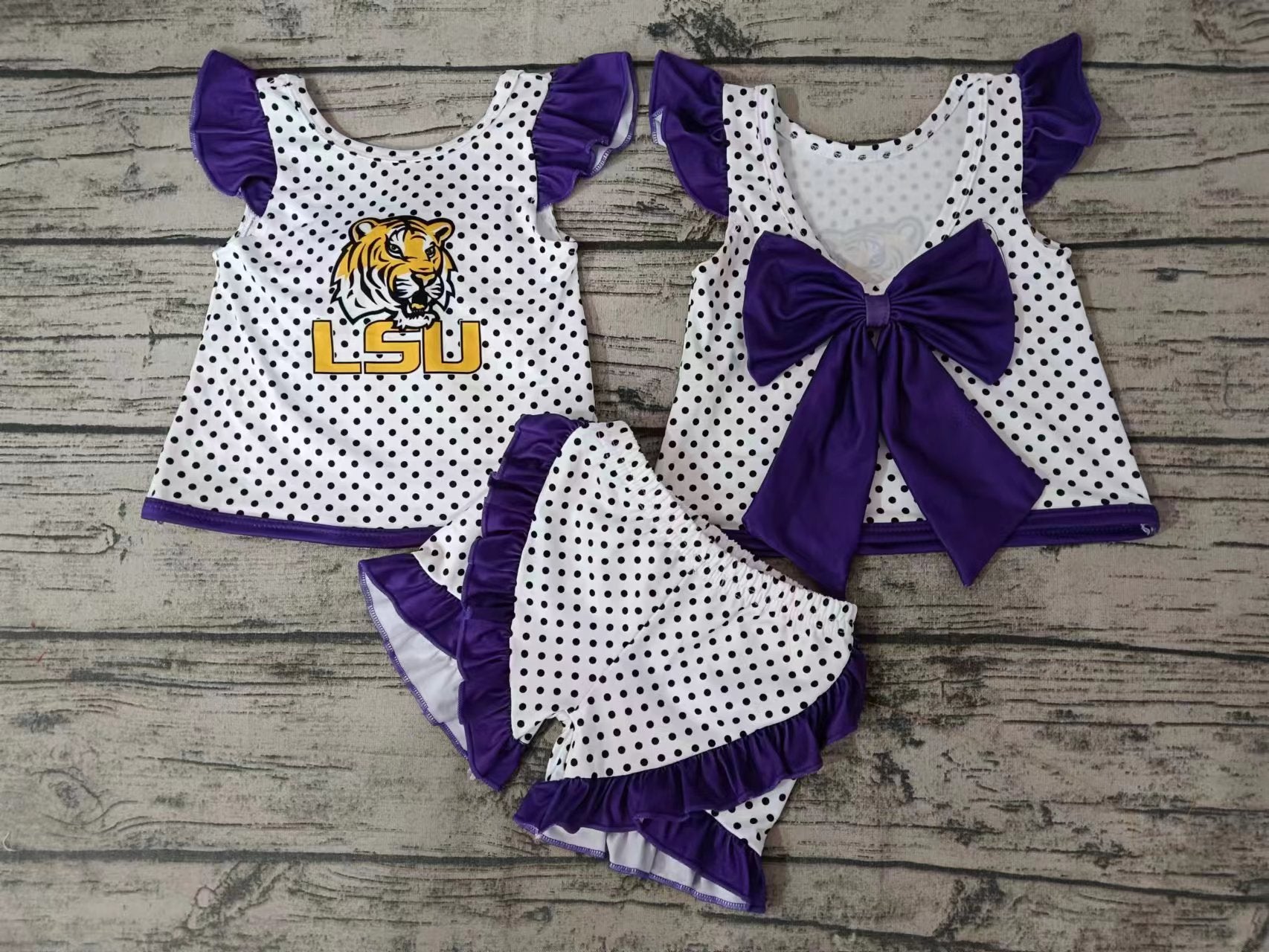 MOQ 3 pcs tiger polka dots purple bow backless girls team outfits ...