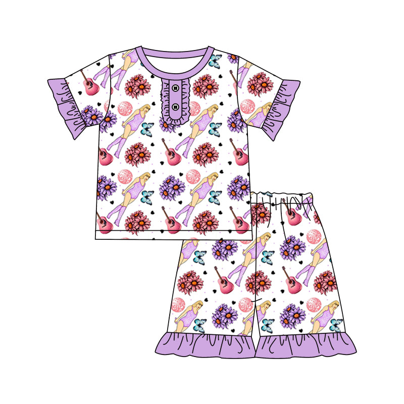 MOQ 3 lavender short sleeves floral guitar singer girls pajamas ...