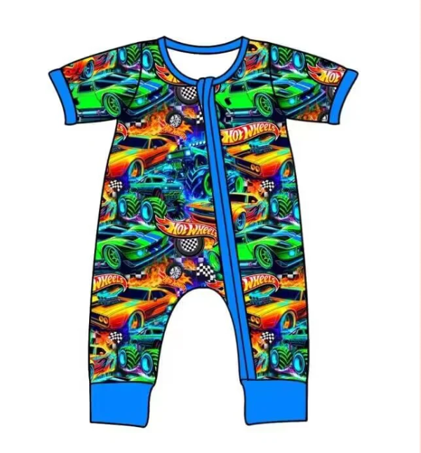 Deadline Sept 29 short sleeves blue cars baby boy zipper sleeper ...