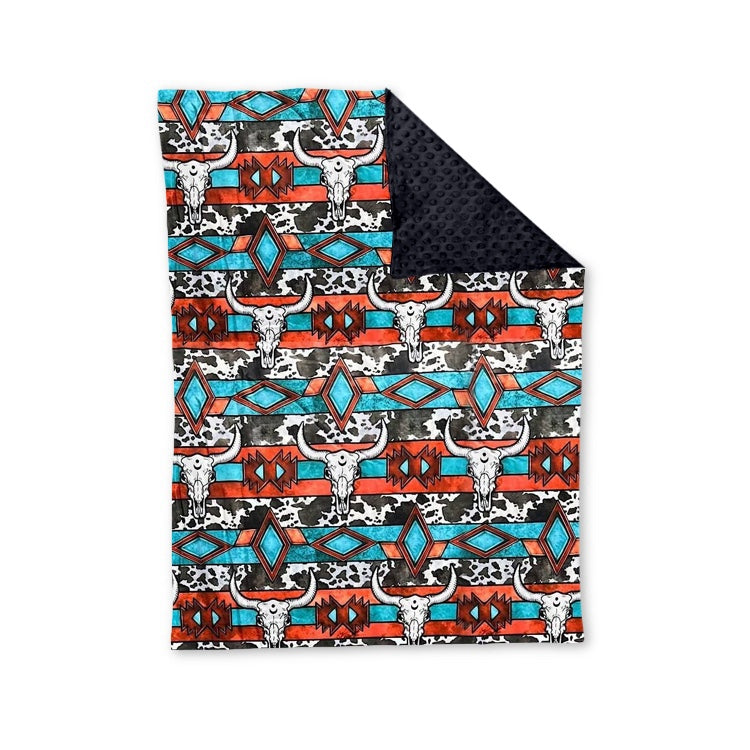 Bull skull cow aztec baby kids western blankets – Western Kids Clothes