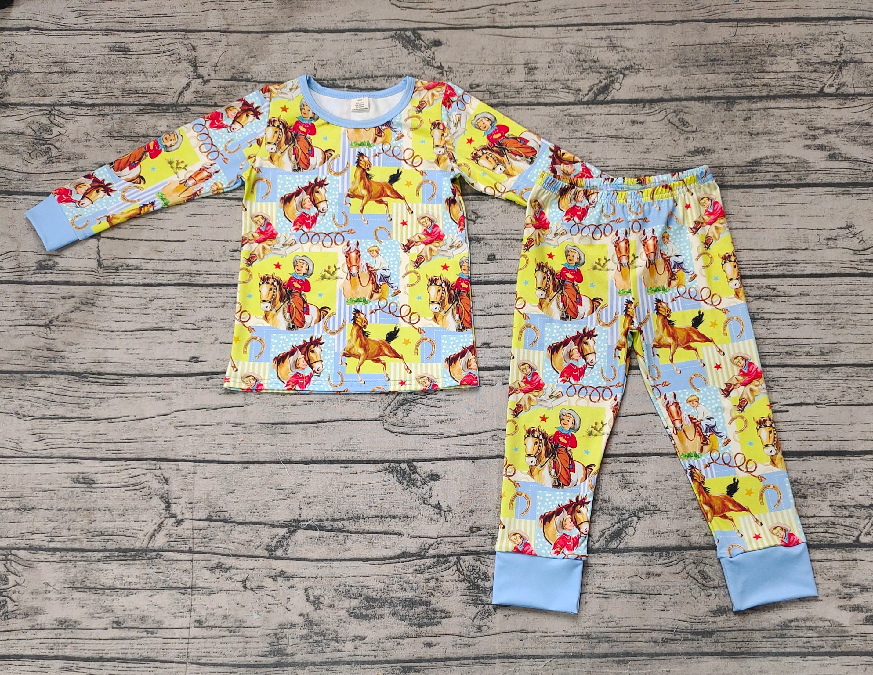 Light blue long sleeves horse rodeo kids pajamas – Western kids clothes