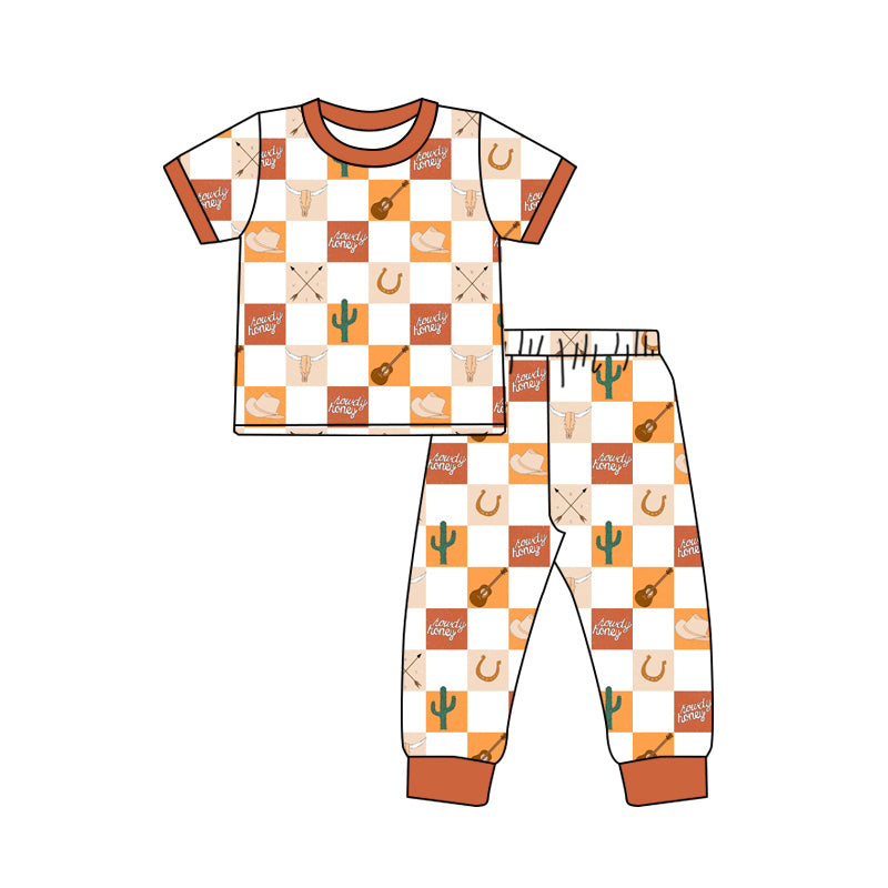 Short sleeves plaid howdy honey guitar boys pajamas – Western kids clothes
