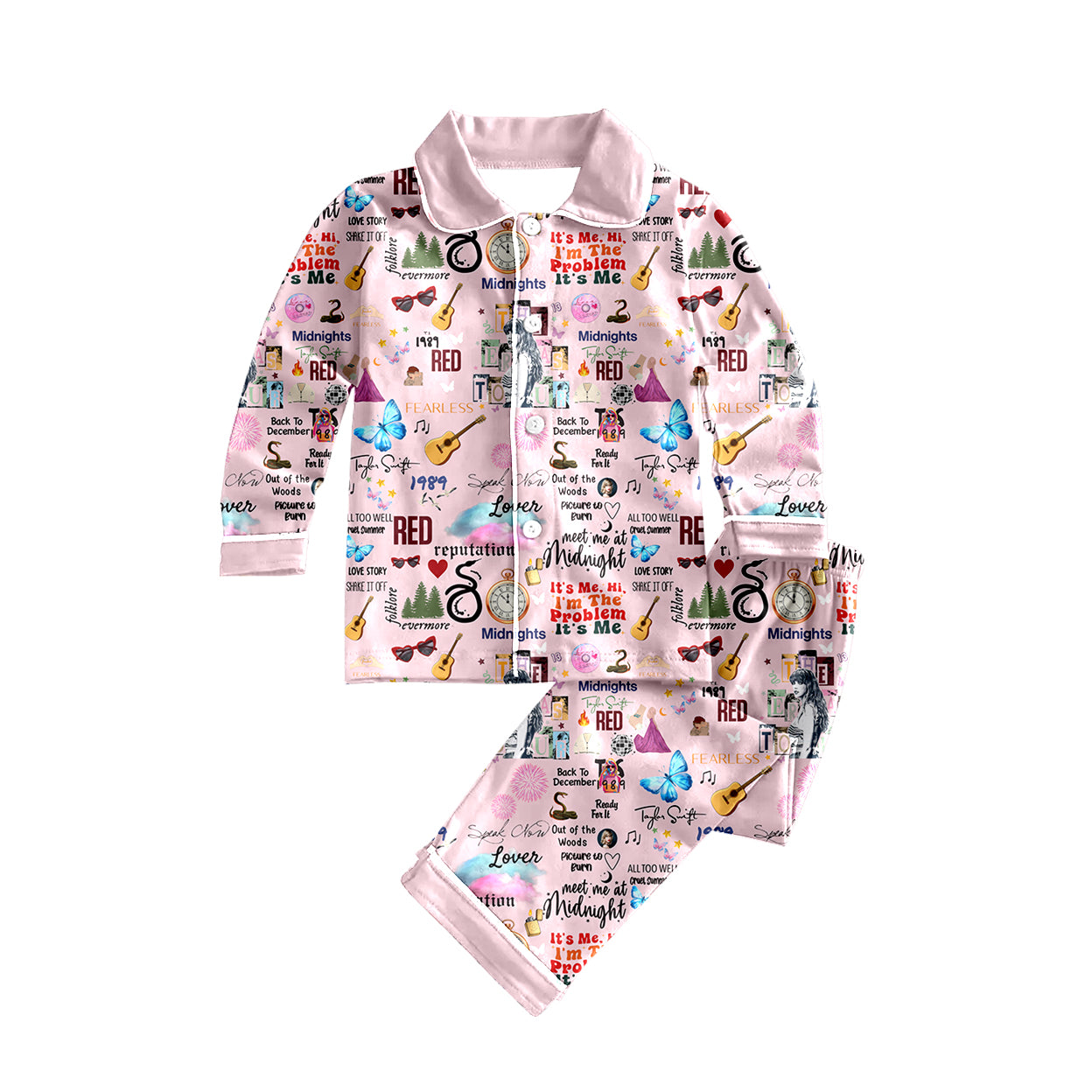 Long sleeves pink guitar butterfly singer girls pajamas – Western kids ...