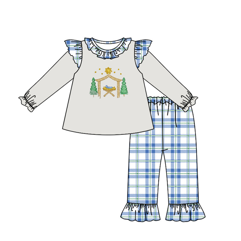 Nativity tunic blue plaid ruffle pants girls Christmas set – Western ...