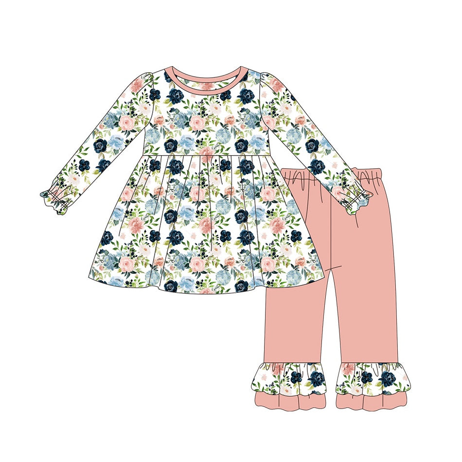 Floral tunic pink ruffle pants girls clothing set – Western Kids Clothes