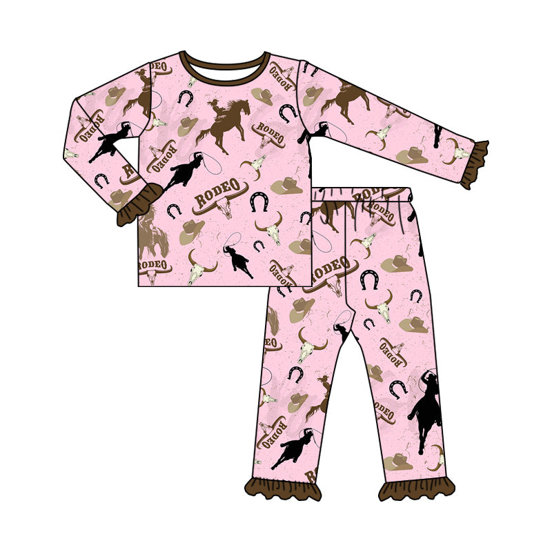 Pink ruffle long sleeves horse rodeo western girls pajamas – Western ...