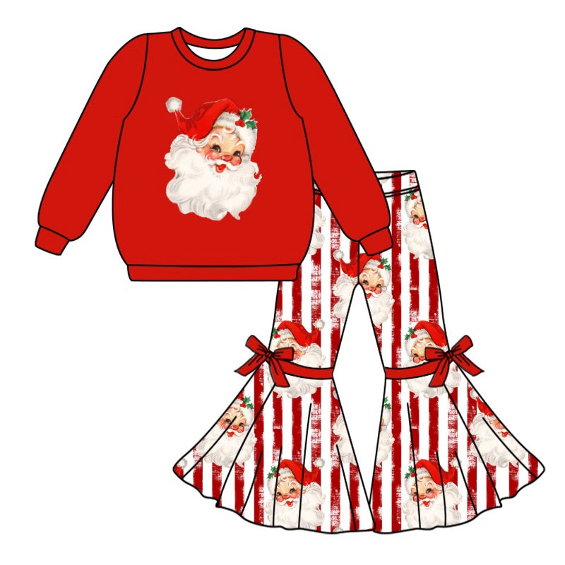Red santa top stripe bell bottom pants girls Christmas outfits ...