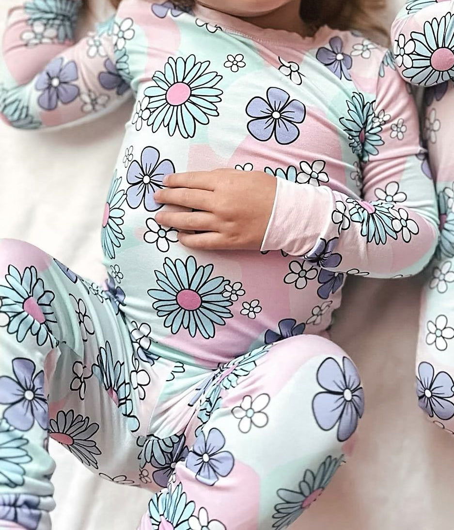 Long sleeves pink mint floral baby girls pajamas – Western Kids Clothes