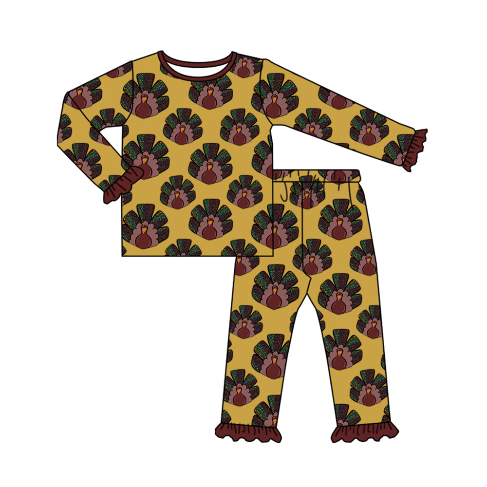 Ruffle long sleeves turkey kids girls Thanksgiving pajamas – Western ...