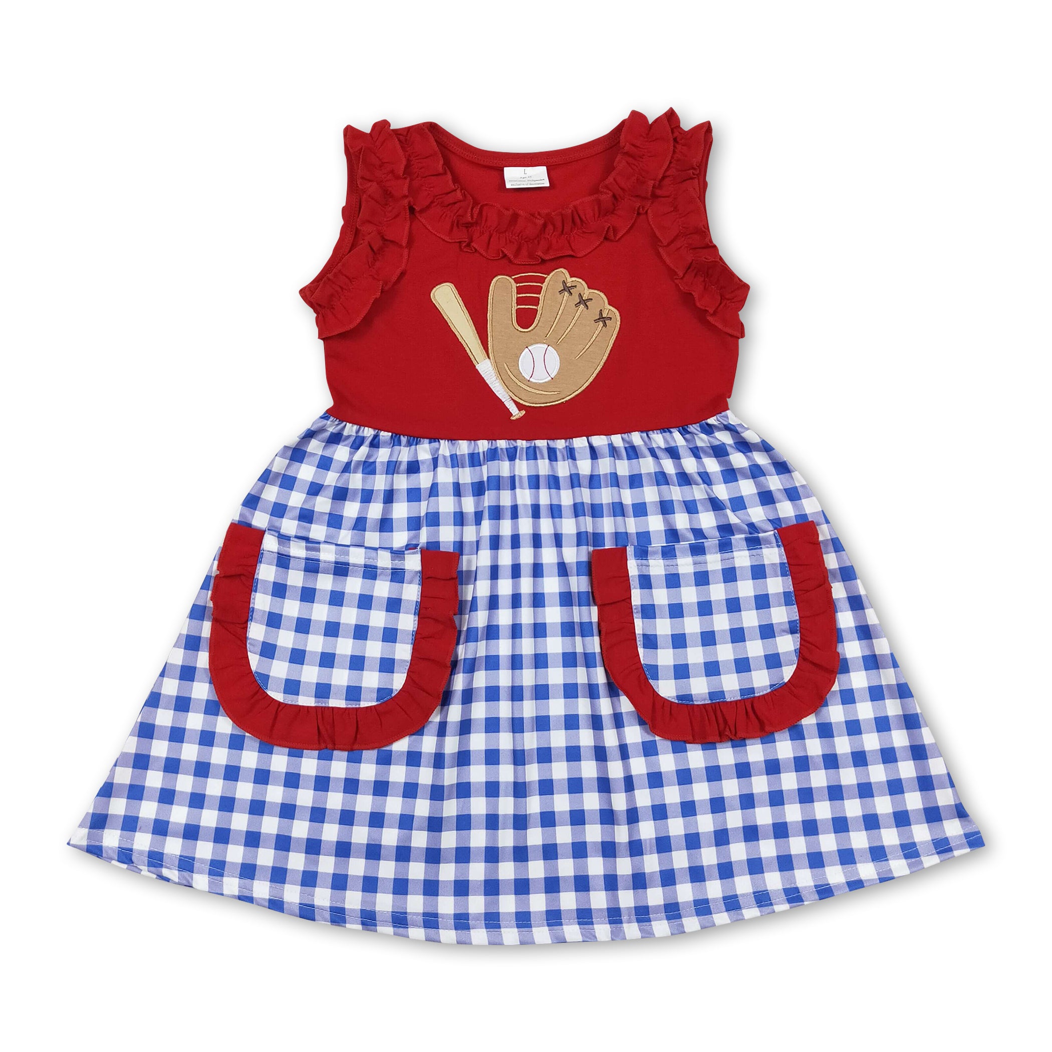 Red baseball blue pockets baby girls dresses – Western Kids Clothes