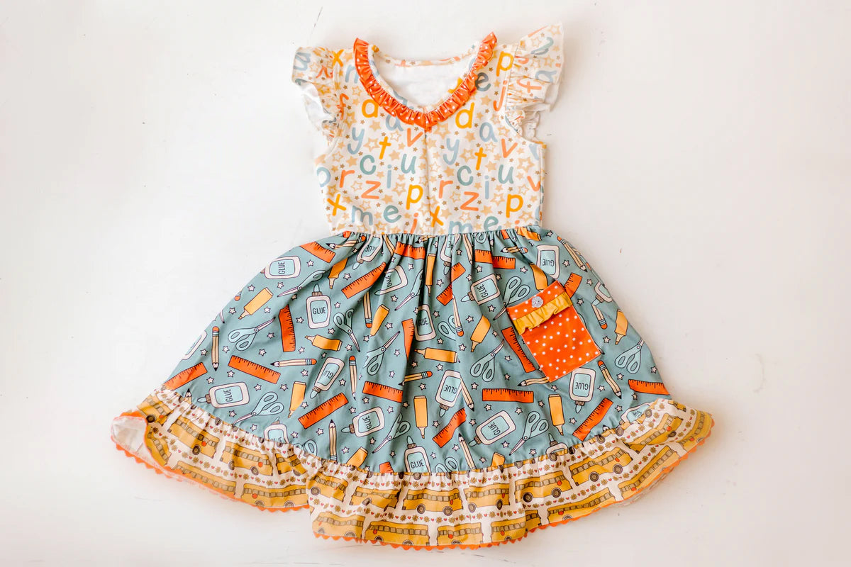Flutter sleeves letters glue ruler ruffle girls back to school dress ...