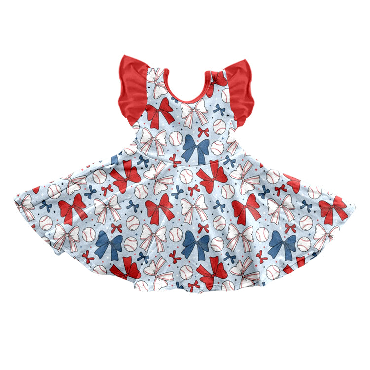 Flutter sleeves red blue bow baseball kids girls dresses – Western kids ...