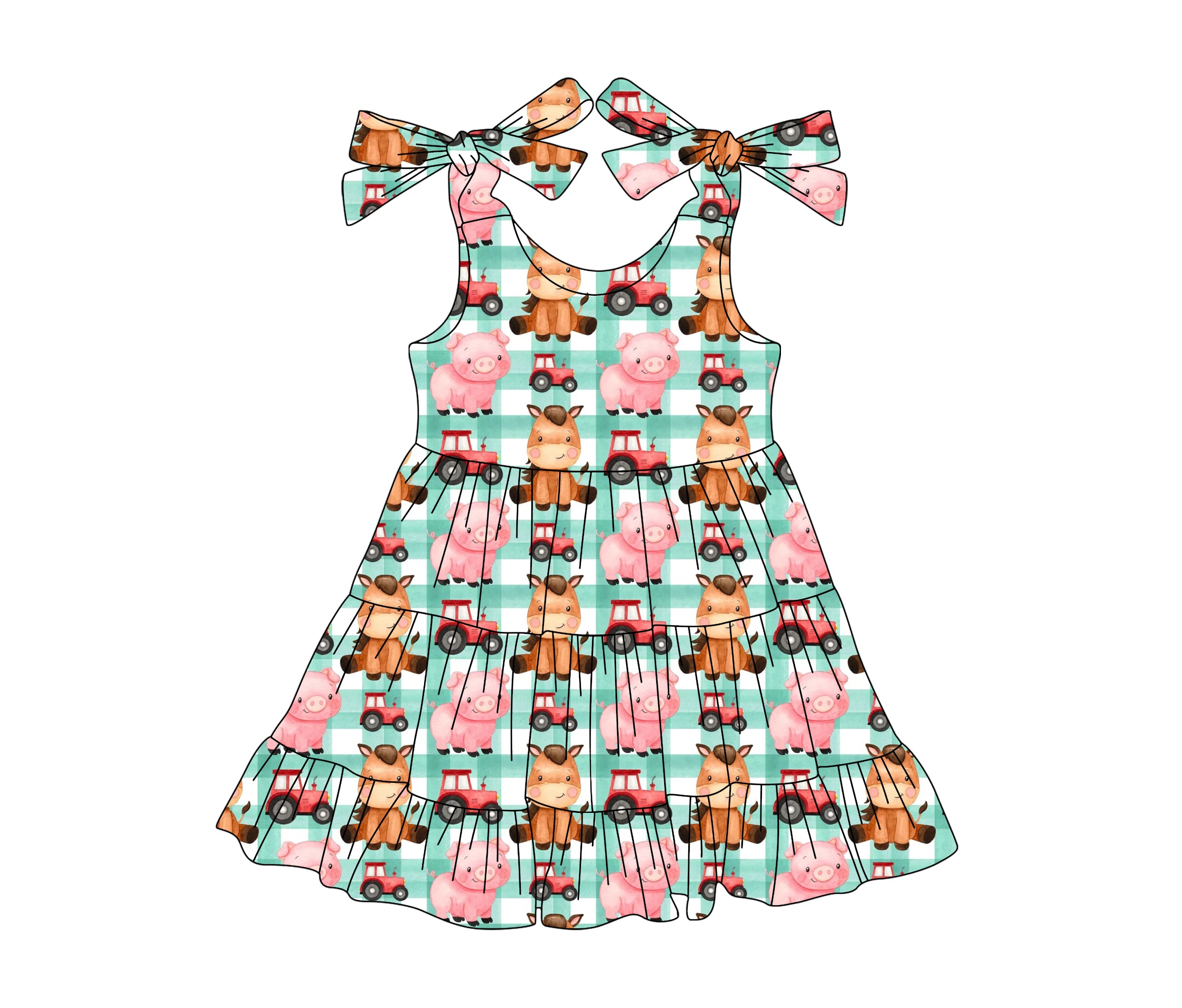 Green plaid straps pig tractors girls patchwork farm dress – Western ...