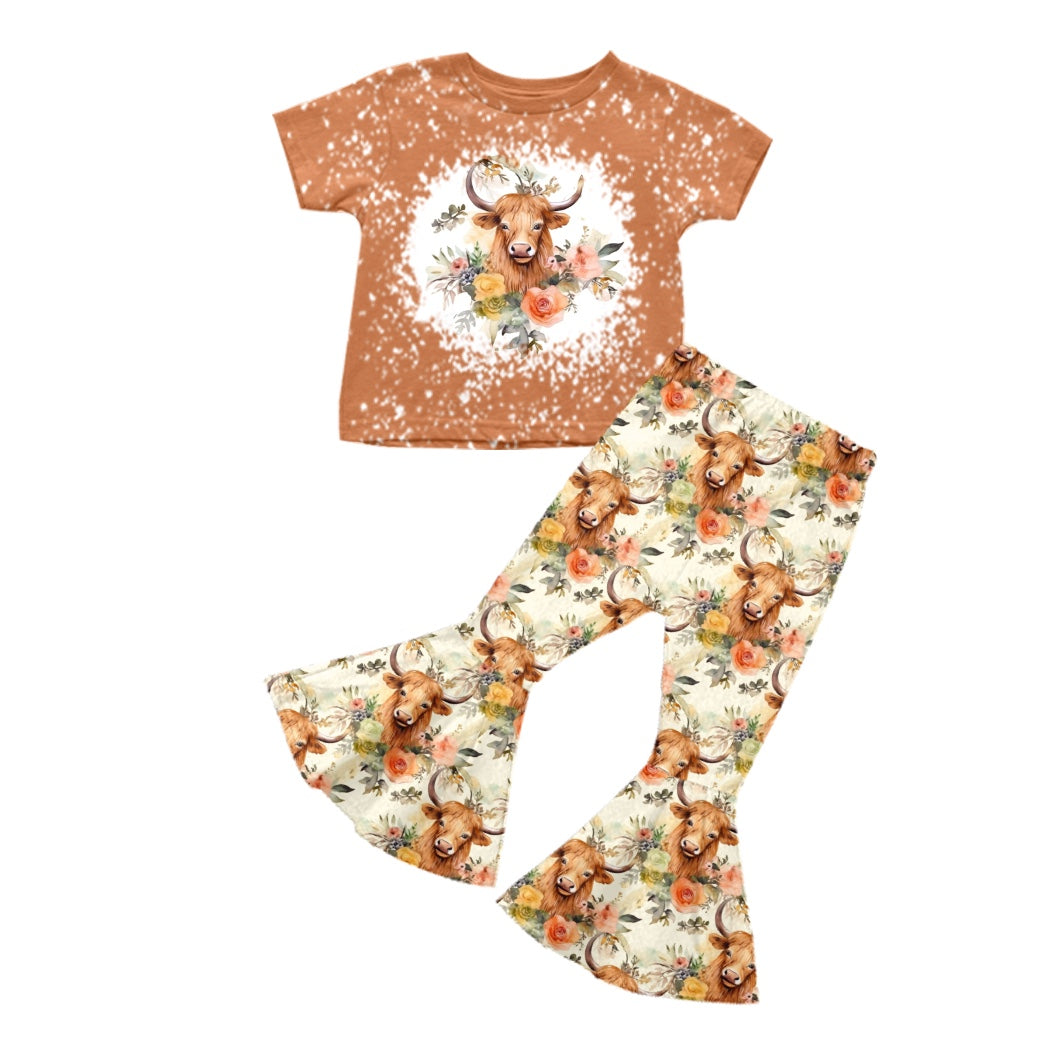 Highland cow floral top bell bottom pants girls clothes – Western Kids ...