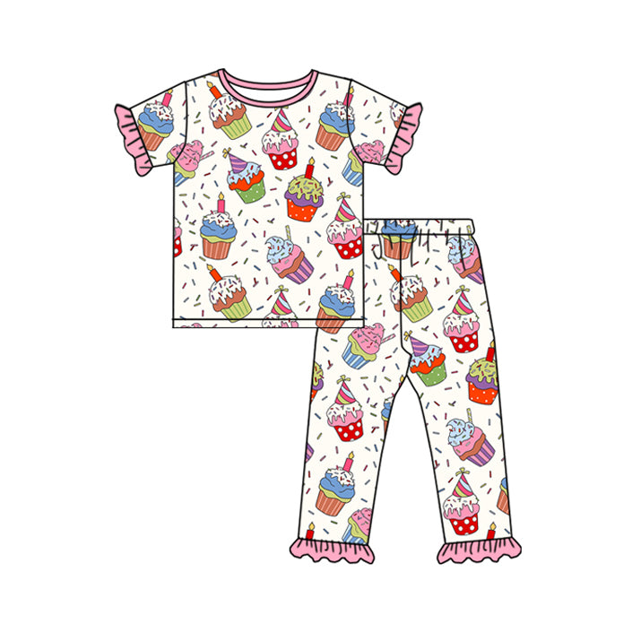 Pink ruffle short sleeves cup cake Happy Birthday girls pajamas ...