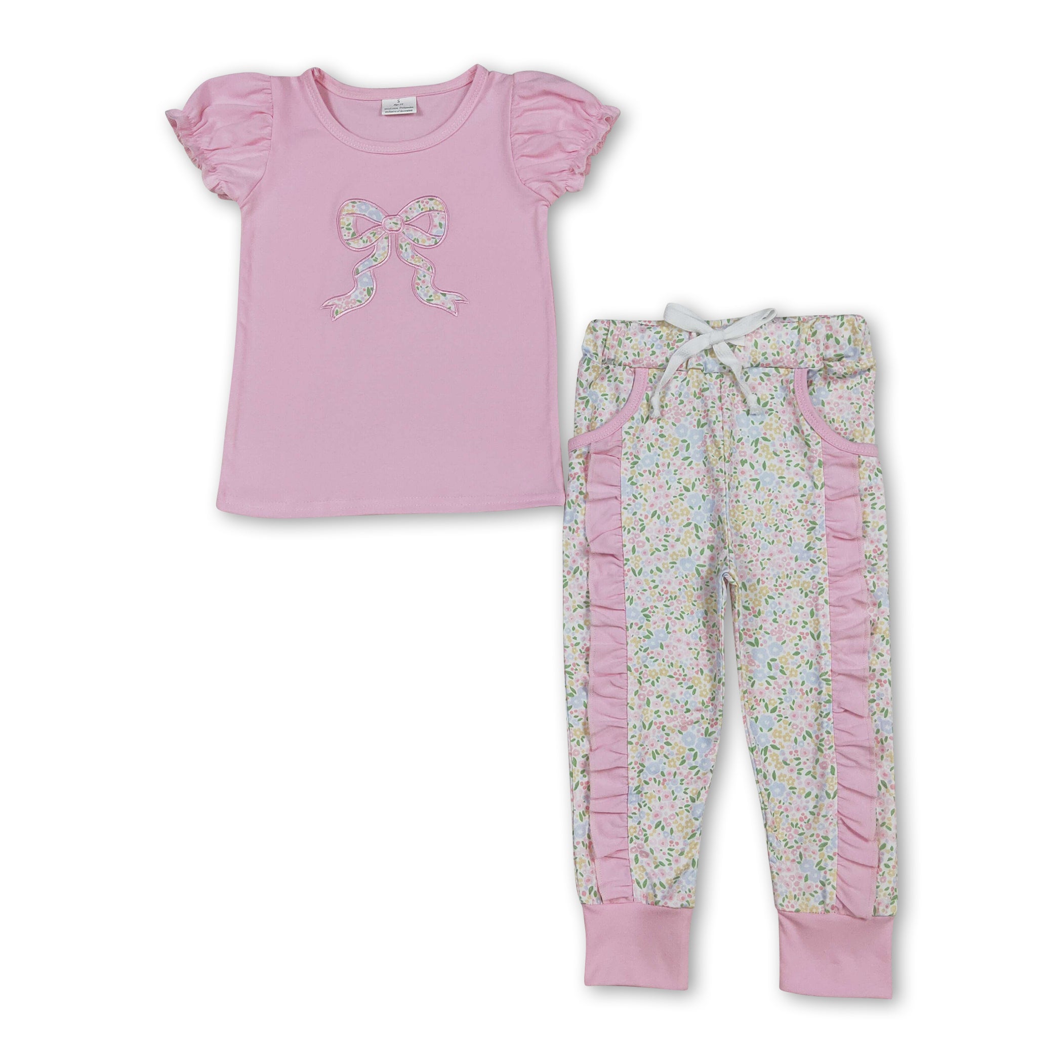 Pink short sleeves bow top floral ruffle pants girls clothes – Western ...