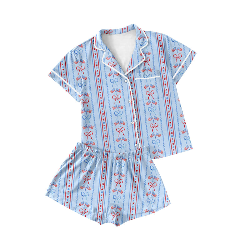 Light blue flag bow adult women 4th of july button downs pajamas ...