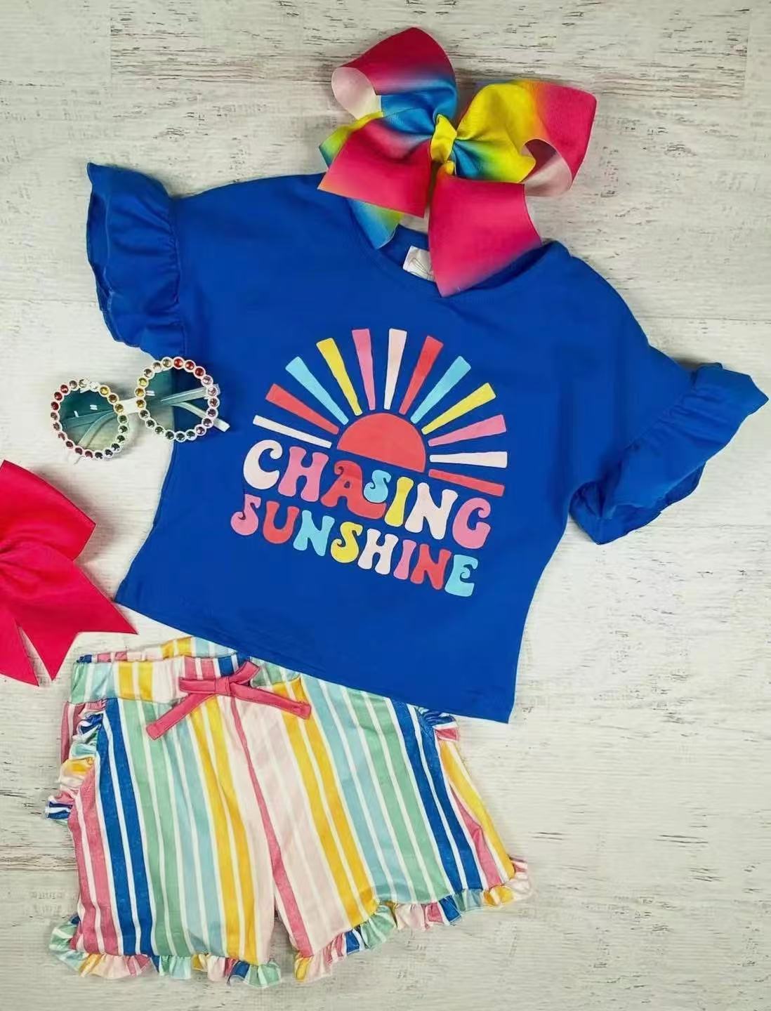 Chasing sunshine top rainbow stripe shorts girls clothes – Western Kids ...
