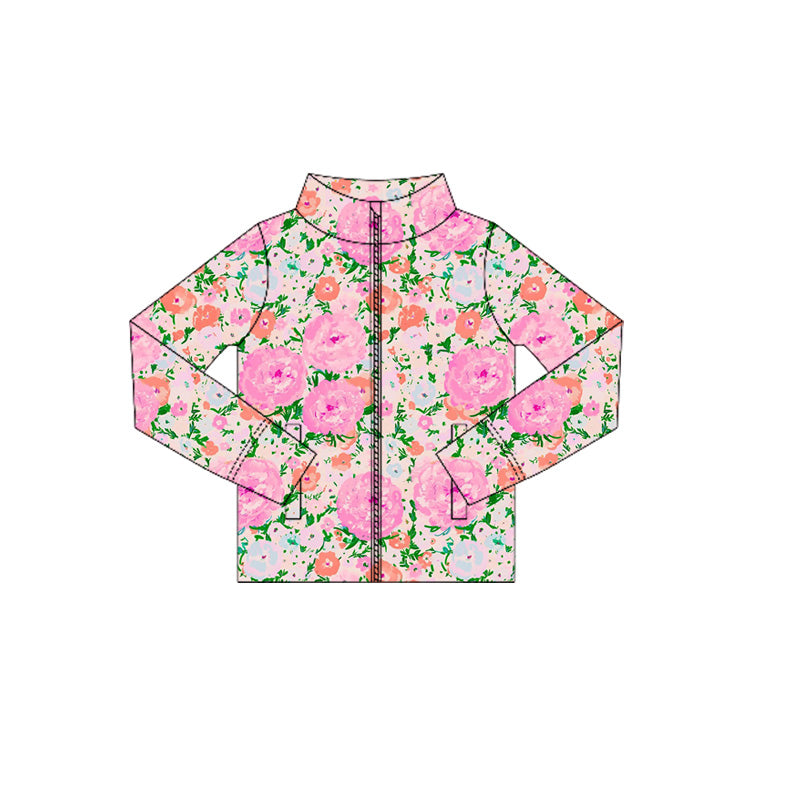 Long sleeves pink floral zipper kids girls yoga top – Western Kids Clothes