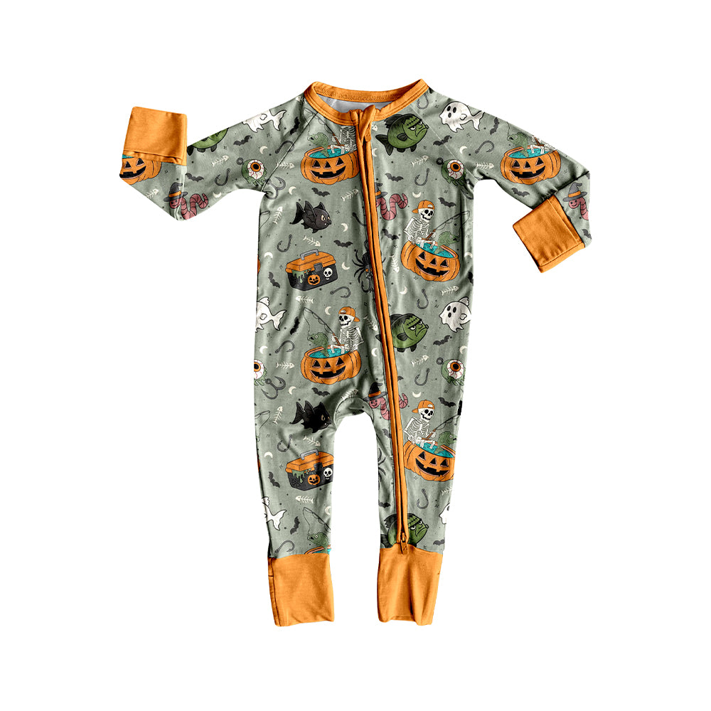 Long sleeves pumpkin ghost fishing baby Halloween zipper romper ...