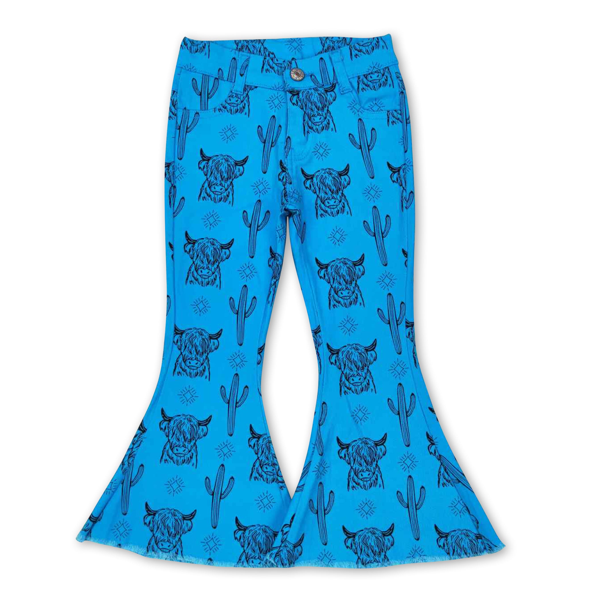 Blue highland cow cactus denim pants western girls jeans – Western Kids ...