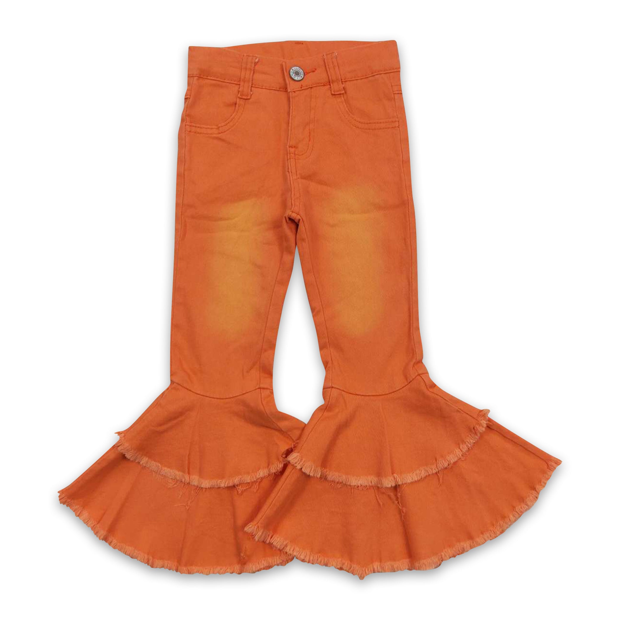 Orange washed ruffle denim pants girls jeans – Western Kids Clothes
