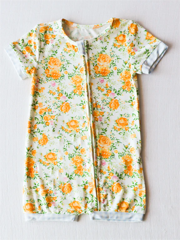 Short sleeves yellow floral baby girls zipper romper – Western Kids Clothes