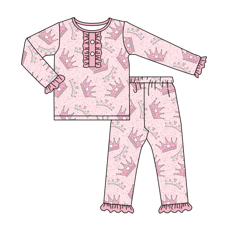 MOQ 5 pink queen ruffle long sleeves girls pajamas – Western Kids Clothes